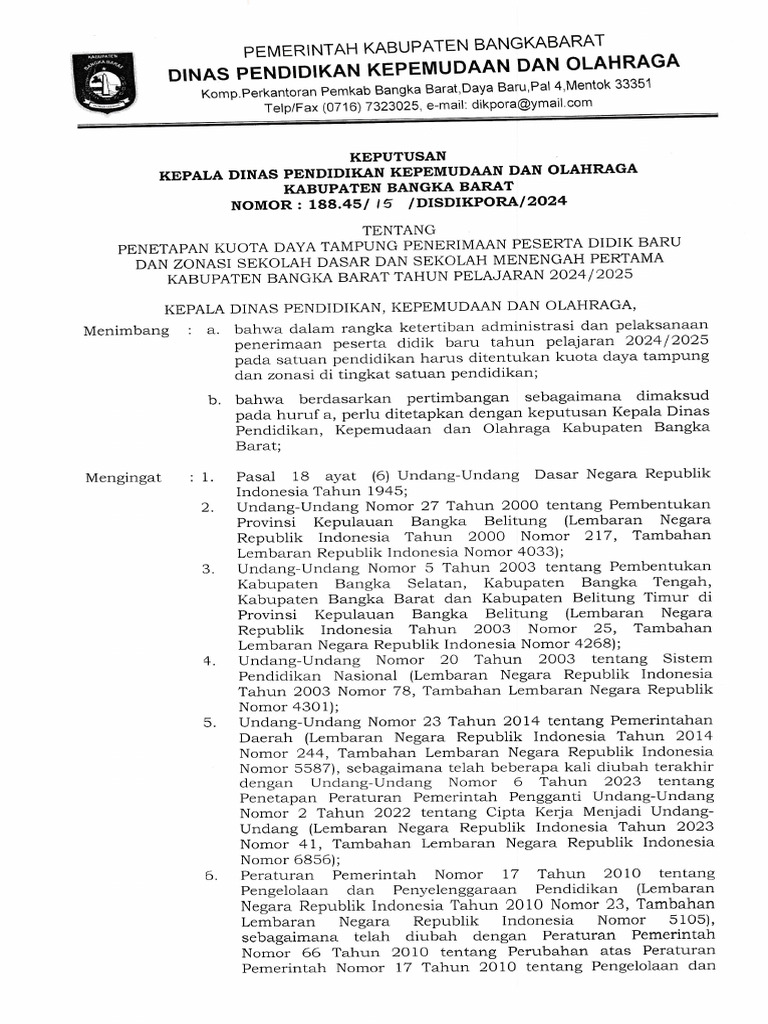Kuota PPDB SD/SMP Bangka Barat 2024/2025 | PDF