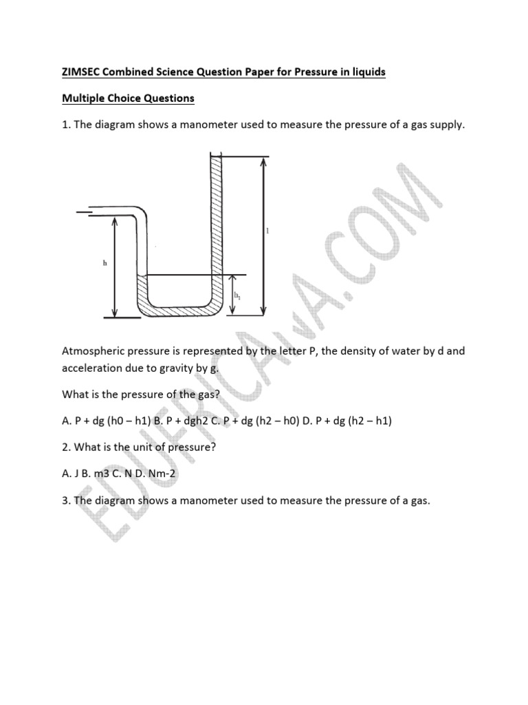 ZIMSEC O Level Combined Science Question Paper For Pressure in Liquids ...