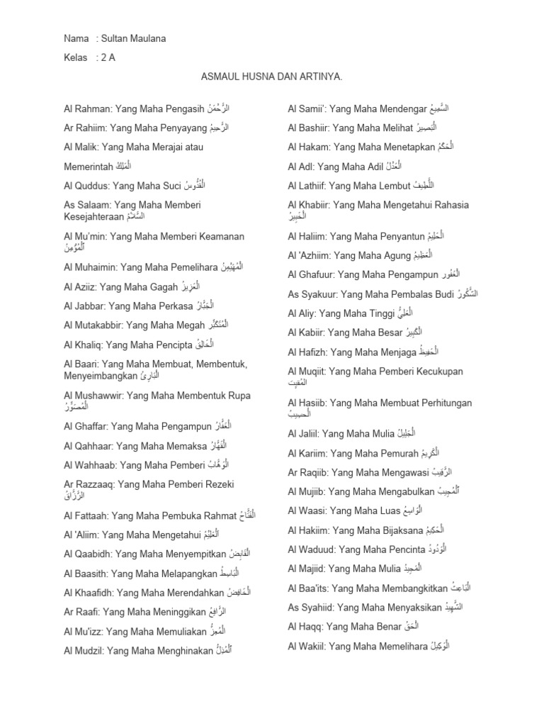 Asmaul Husna Dan Artinya Berikut Ini 99 Asmaul Husna Dan Artinya Dalam Bahasa Indonesia | PDF
