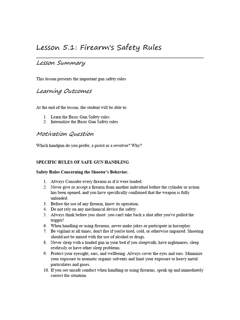 Lesson 5.1 Firearms Safety Rules | PDF | Firearms | Cartridge (Firearms)