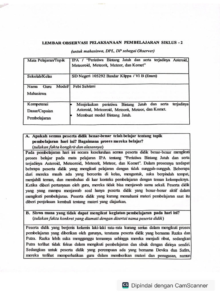 Lembar Observasi Pelaksanaan Pembelajaran Siklus-2 | PDF