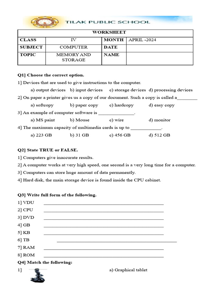 Class 4 Computer Memory Worksheet | PDF