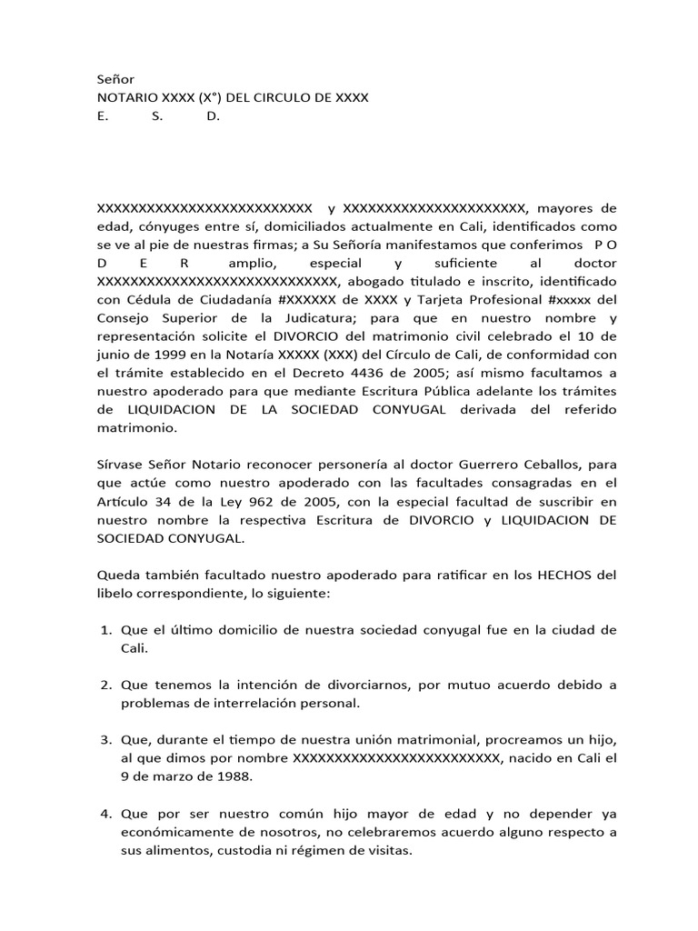 Poder Divorcio Notarial | PDF | Divorcio | Propiedad de la comunidad
