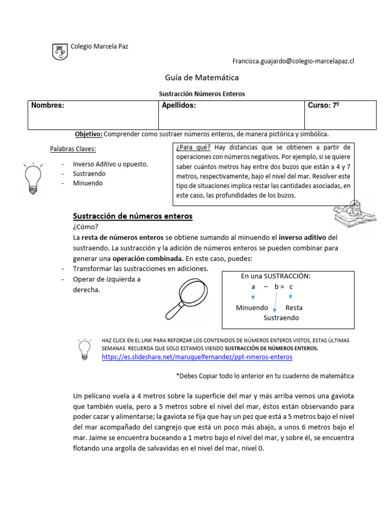 MATEMATICA 7°BASICO Guía SEMANA7 | PDF | Sustracción | Entero