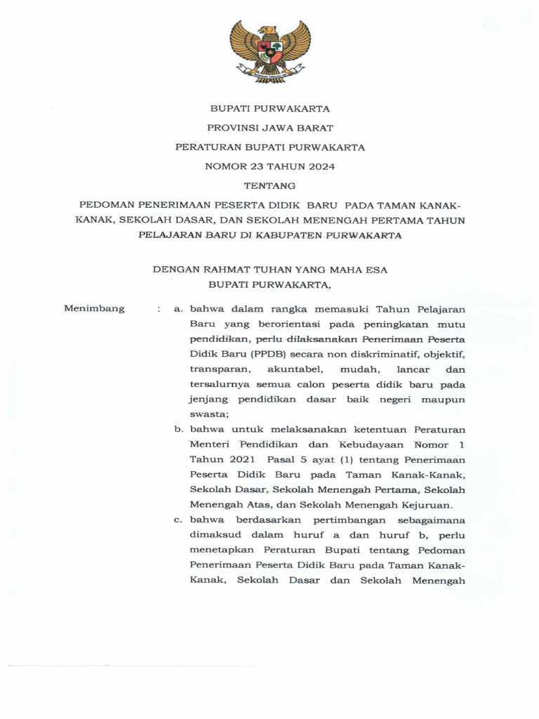 Perbub PPDB Ta 2024-2025 | PDF