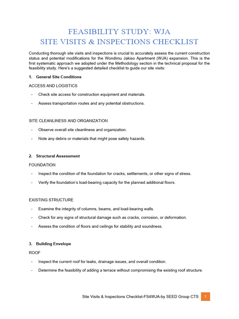 Feasibility Study WJA Site Visits&Inspection Checklist Tool2 SEED Group ...