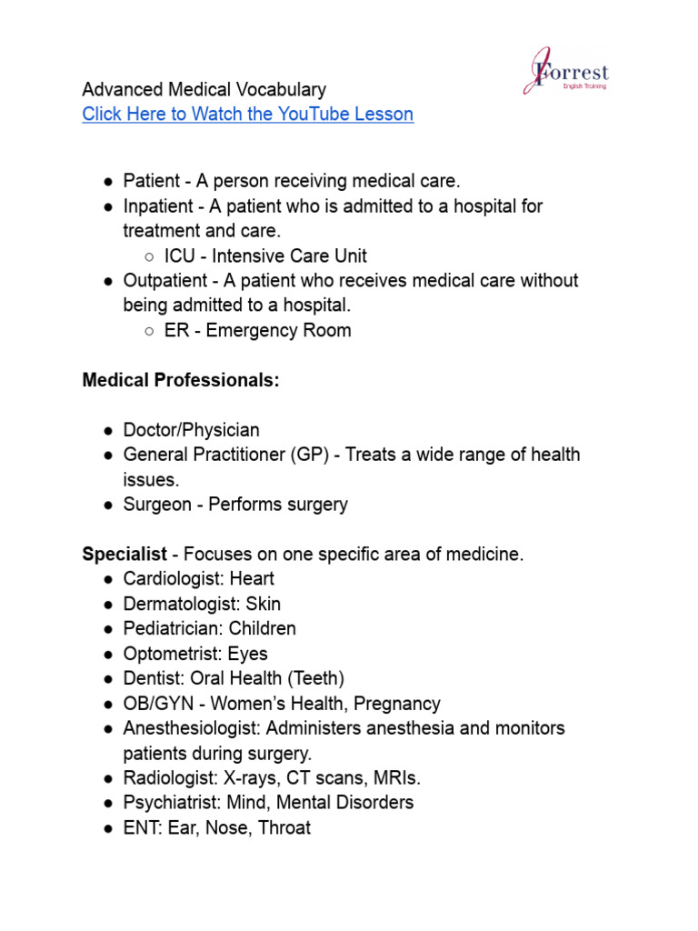 Advanced Medical Vocabulary by JForrest English | PDF | Physical ...