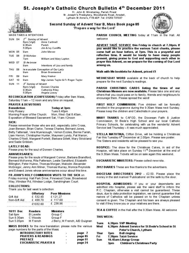 St. Joseph's Advent Bulletin 2011 | PDF | Mass (Liturgy) | Eucharist