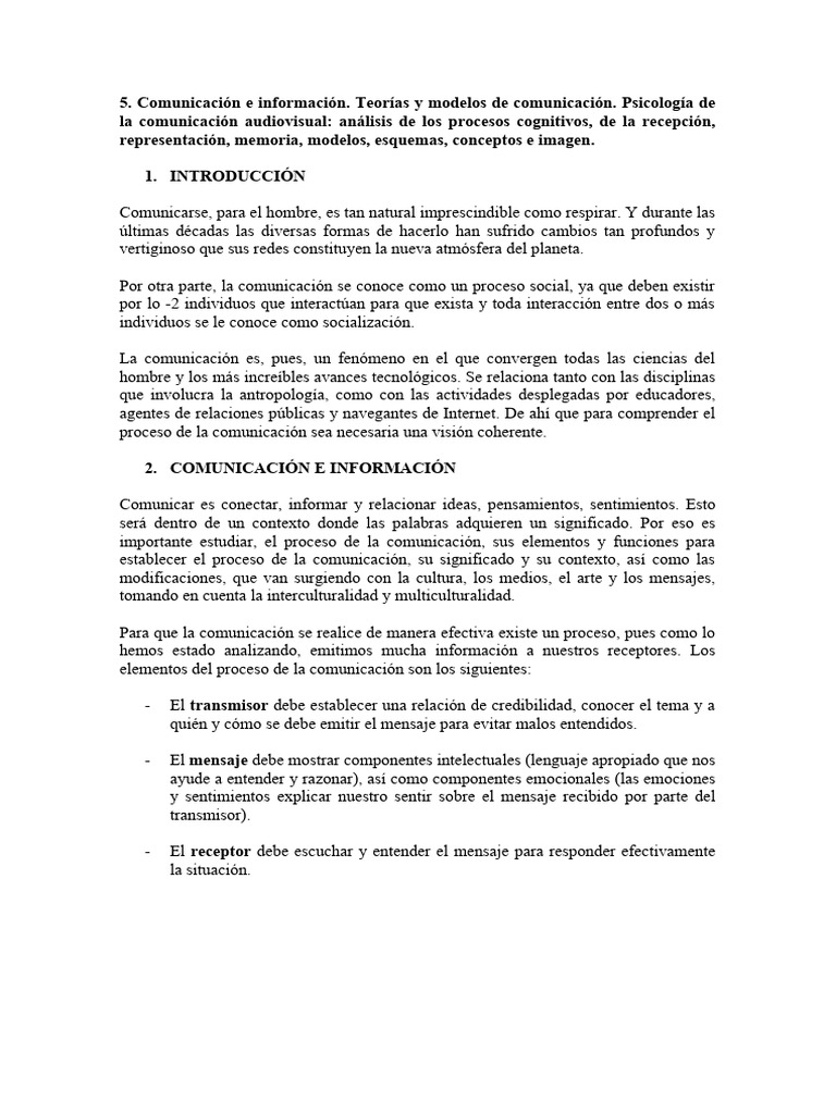 5, Comunicación e información. Teorías y modelos de comunicación. Psicología de la comunicación ...