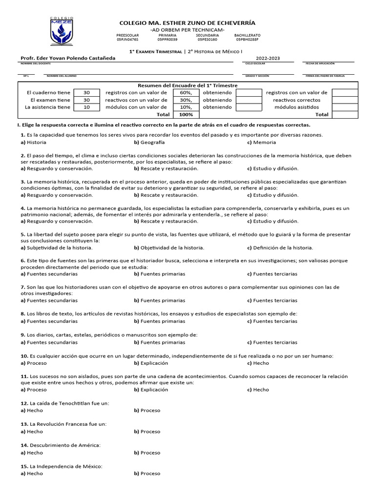 2do. Examen Historia I | PDF