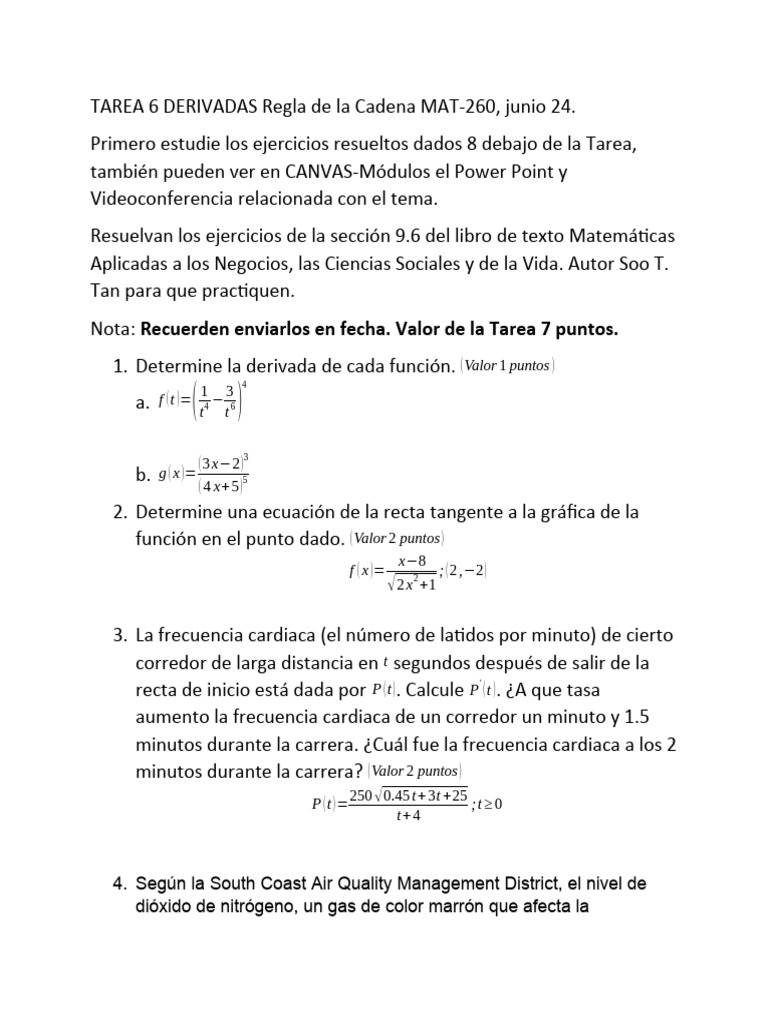 6-TAREA 6 DERIVADAS Regla de la Cadena MAT-260, junio 2024 | Descargar gratis PDF | Derivado ...