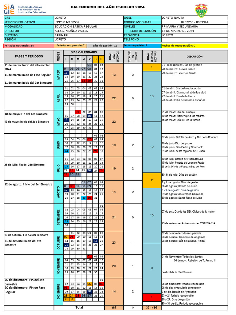Calendarizacion Año Escolar 2024 | PDF | Observancias