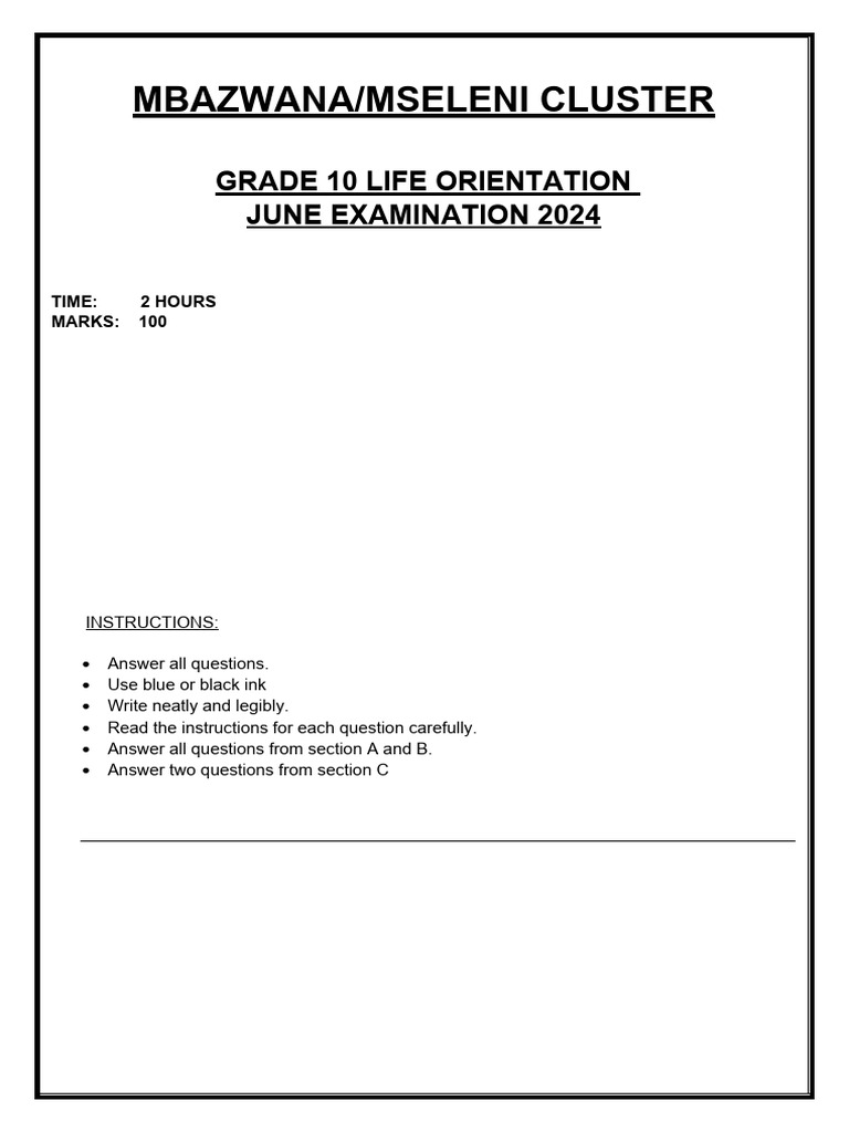 Grade 10 Life Orientation June Exam 2024 | PDF | Discrimination | Violence