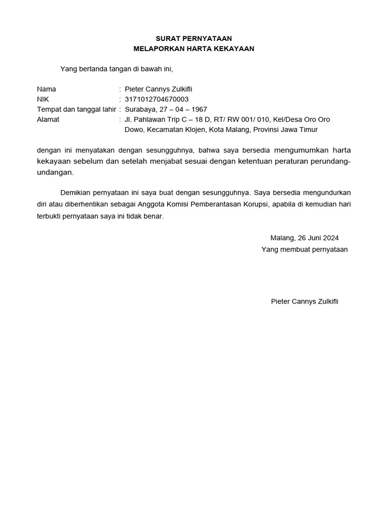 Laporan Harta Kekayaan Pieter Zulkifli | PDF