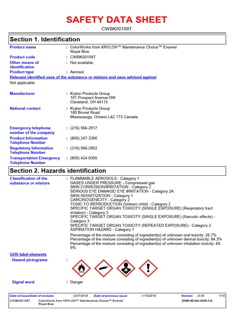 Safety Data Sheet: Section 1. Identification | PDF | Toxicity | Personal Protective Equipment