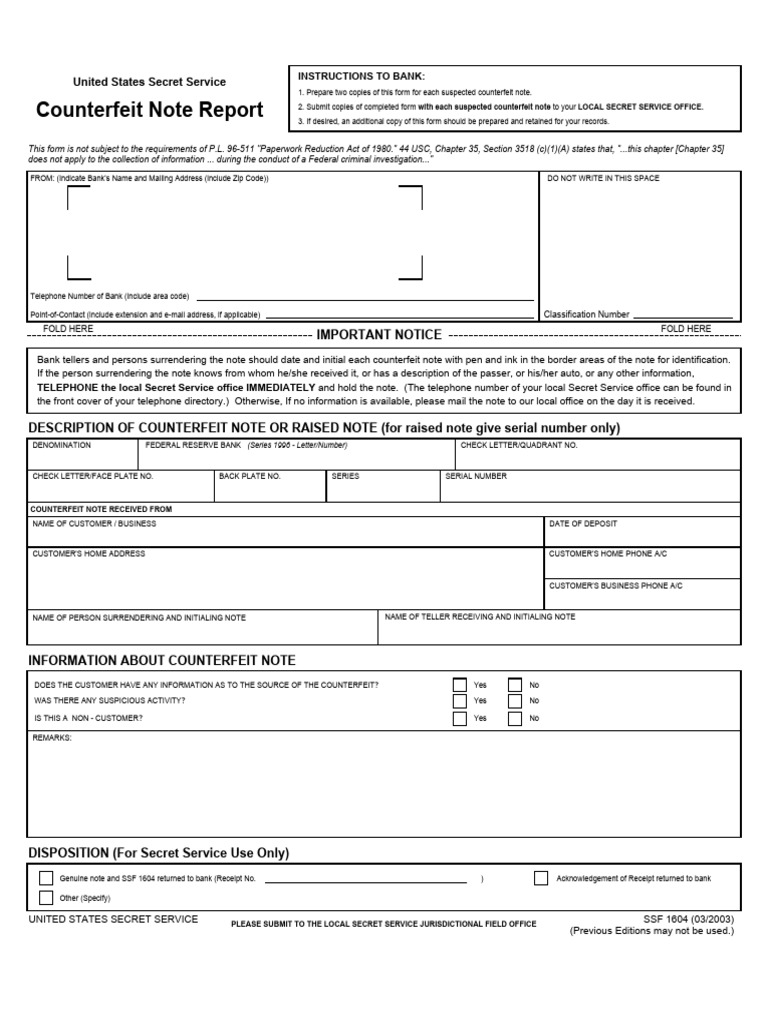 Secret Service Counterfeit Form | PDF | United States Secret Service ...