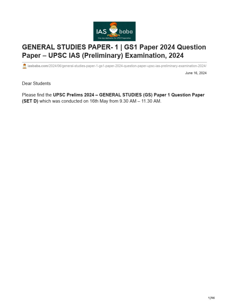 GENERAL STUDIES PAPER - 1 GS1 Paper 2024 Question Paper UPSC IAS ...