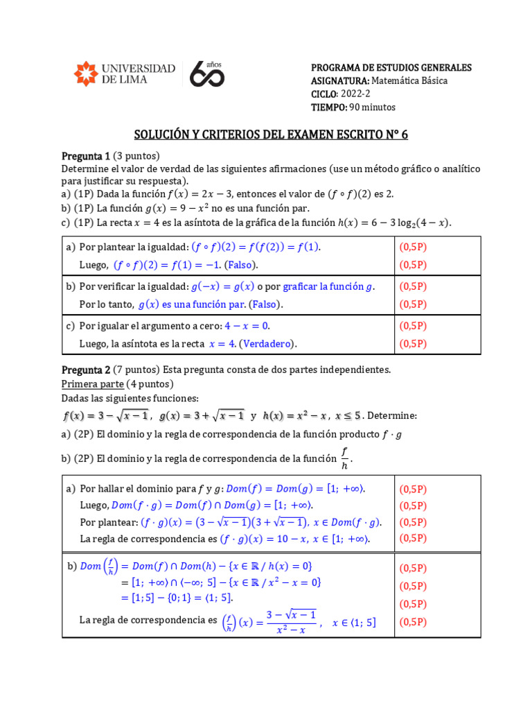 Solución Y Criterios Del Examen Escrito #6 | PDF | Asíntota | Matemáticas