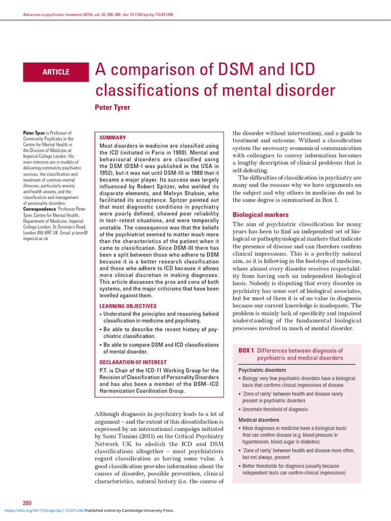 A Comparison of Dsm and Icd Classifications of Mental Disorder (1 ...
