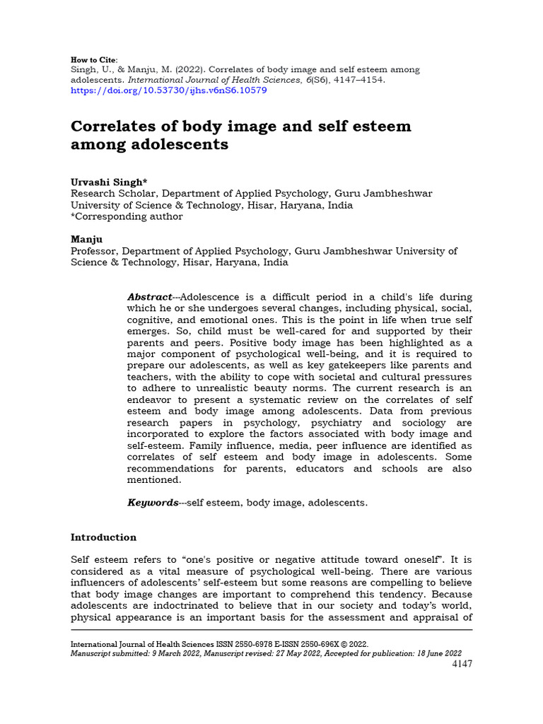 Correlates of Body Image and Self Esteem Among Ado | PDF | Body Image ...