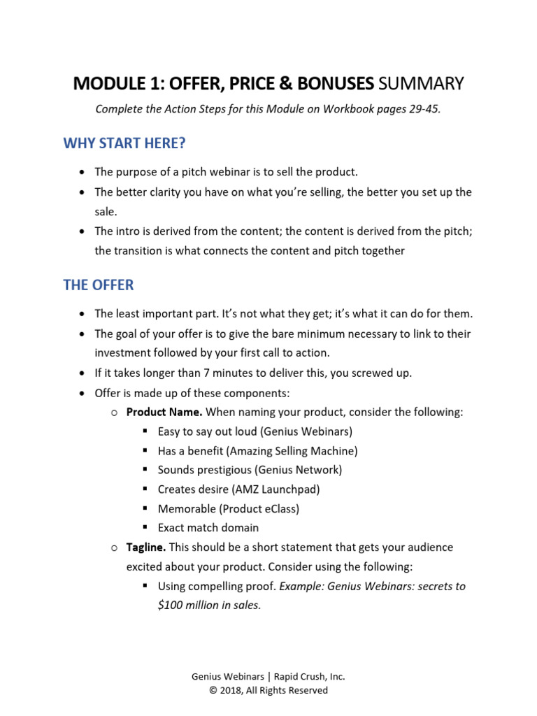 Genius Webinars Module 1 Summary | PDF | Prices