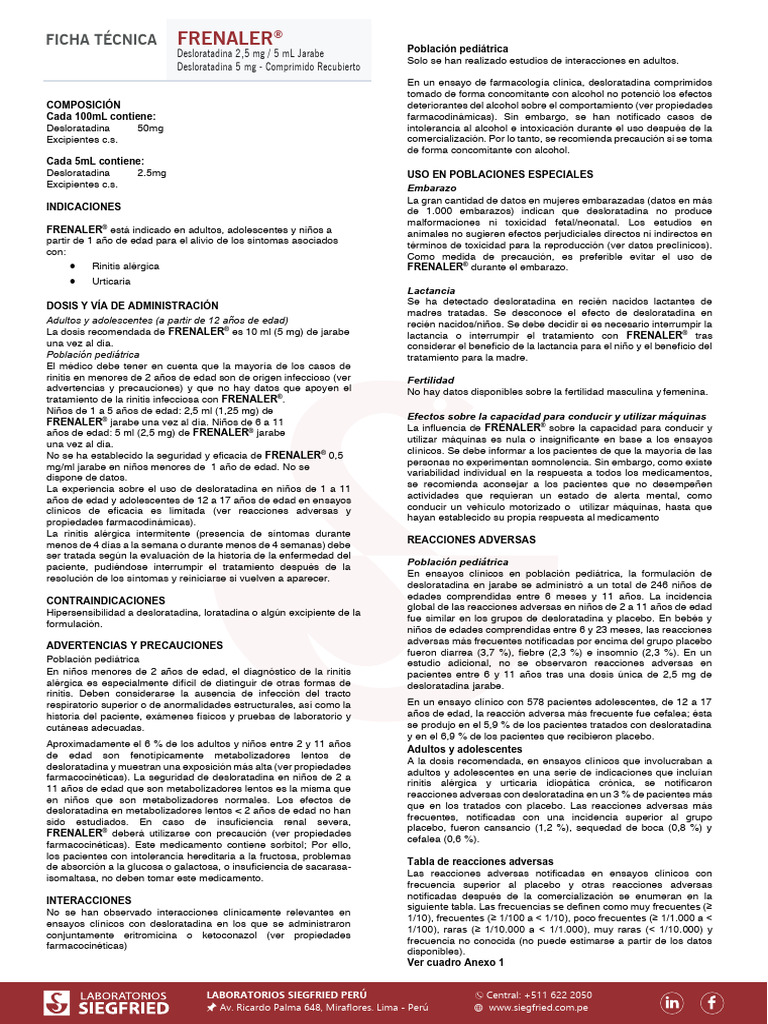 Frenaler Jarabe - Ficha Técnica SGF | PDF | Alergia | Amamantamiento