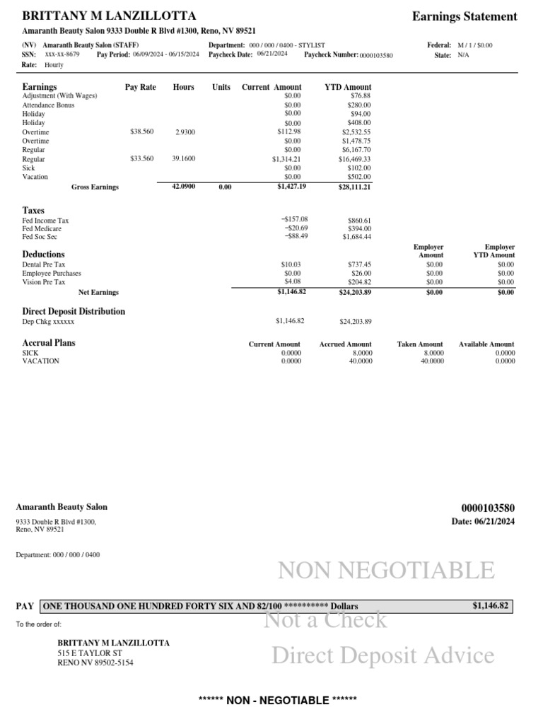 Detailed Earnings Statement Breakdown | PDF | Payroll | Employee Relations