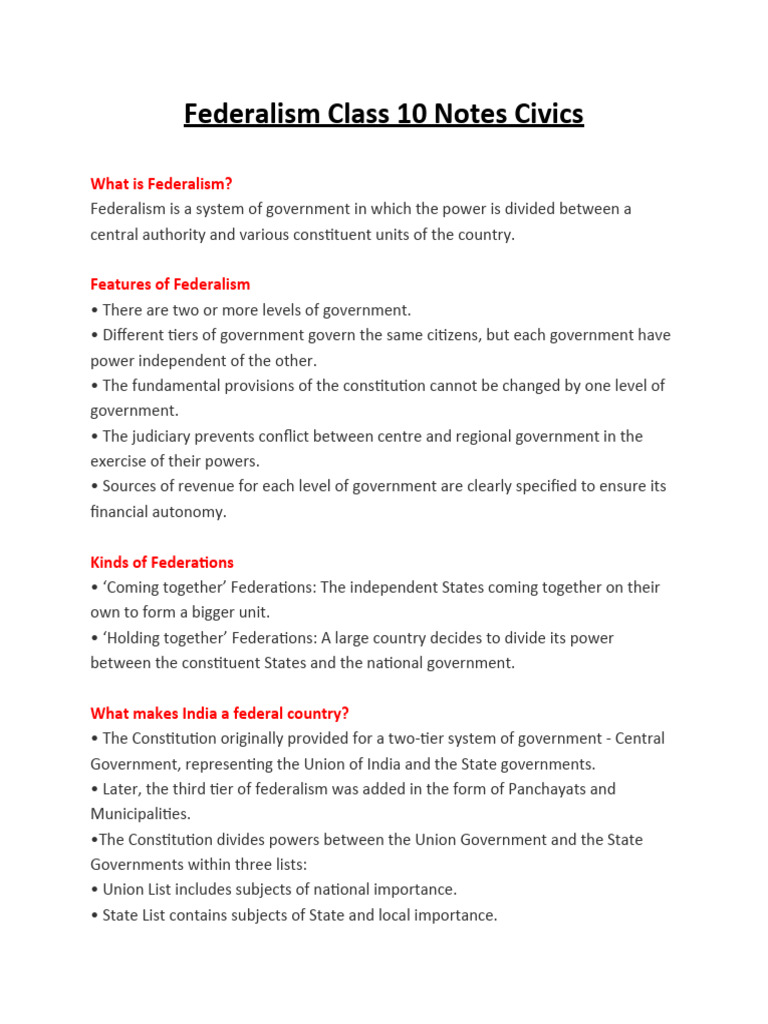 Federalism Class 10 Notes Civics | PDF | Legal Documents | Political ...