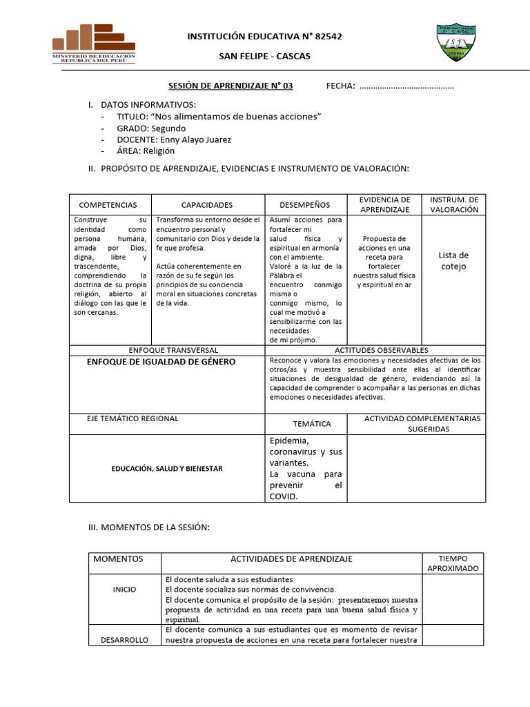 Sesión de Aprendizaje #03 - 2° - Rel | PDF | Aprendizaje | Maestros