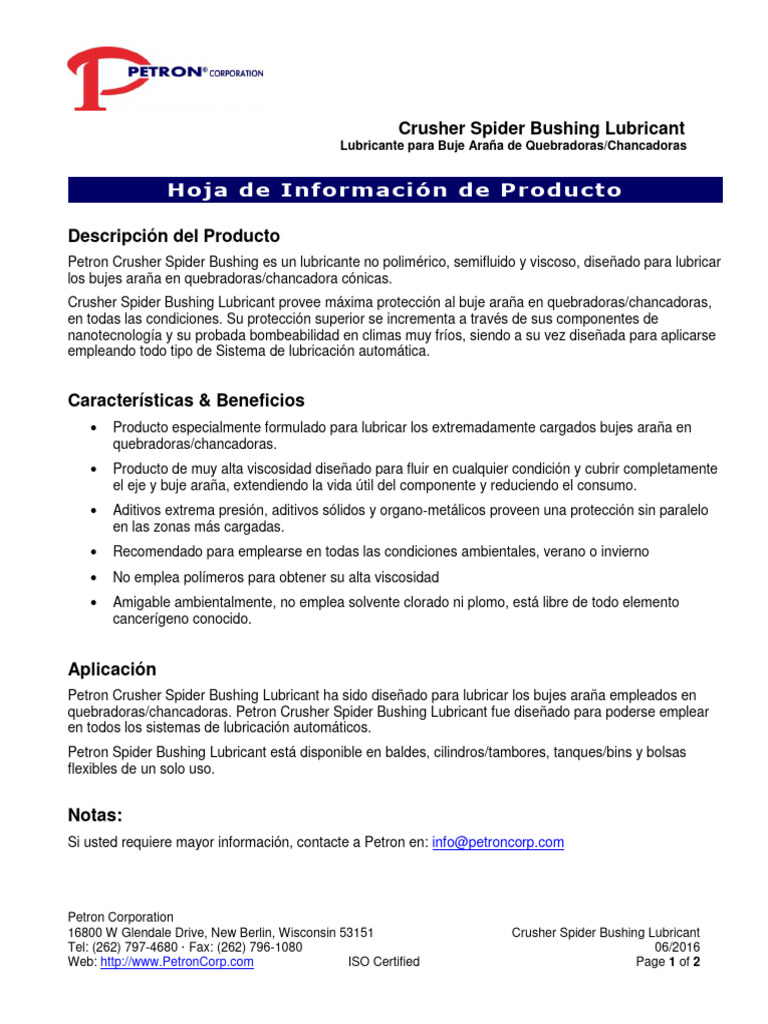 Crusher Spider Bushing Lubricant PDS Spanish 6.2016 | PDF | Lubricante ...