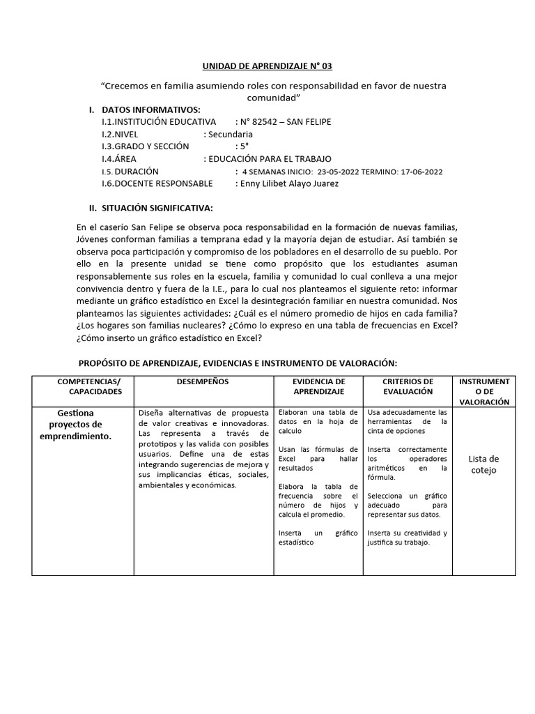 Unidad de Aprendizaje Nº03 5° - Ept | PDF | Aprendizaje | Microsoft Excel