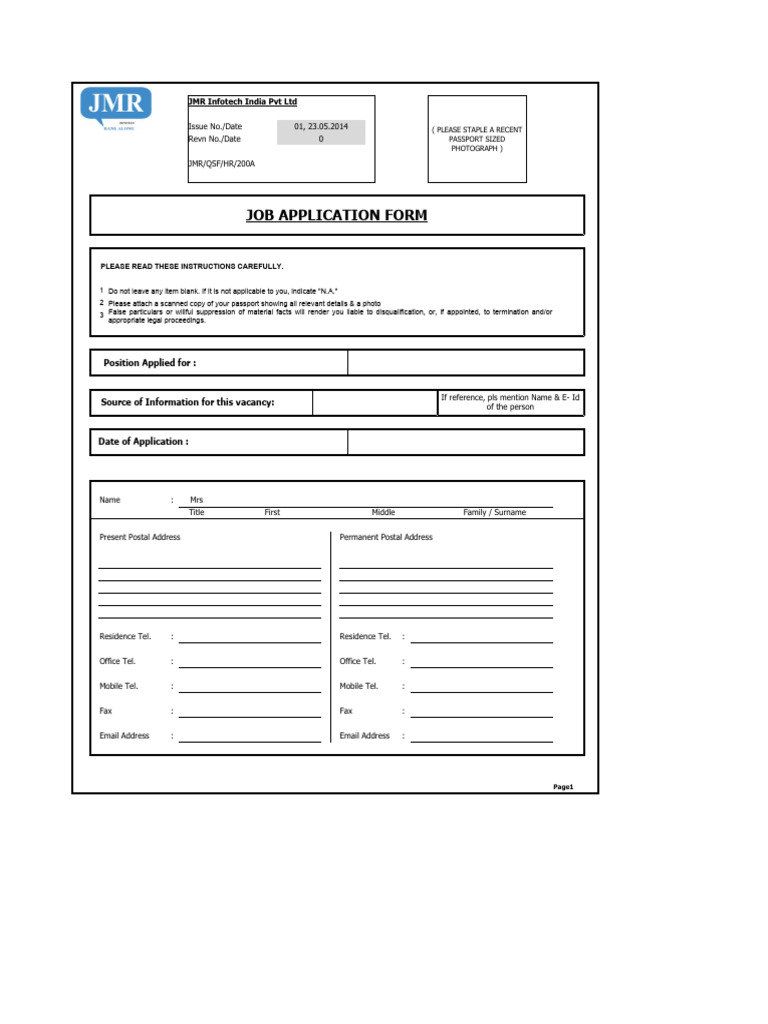 JMR Job Application Form - Ver 1.0 | PDF | Employment