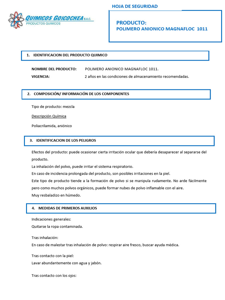 HS Polimero Anionico Magnafloc 1011 | PDF | Agua | Toxicidad
