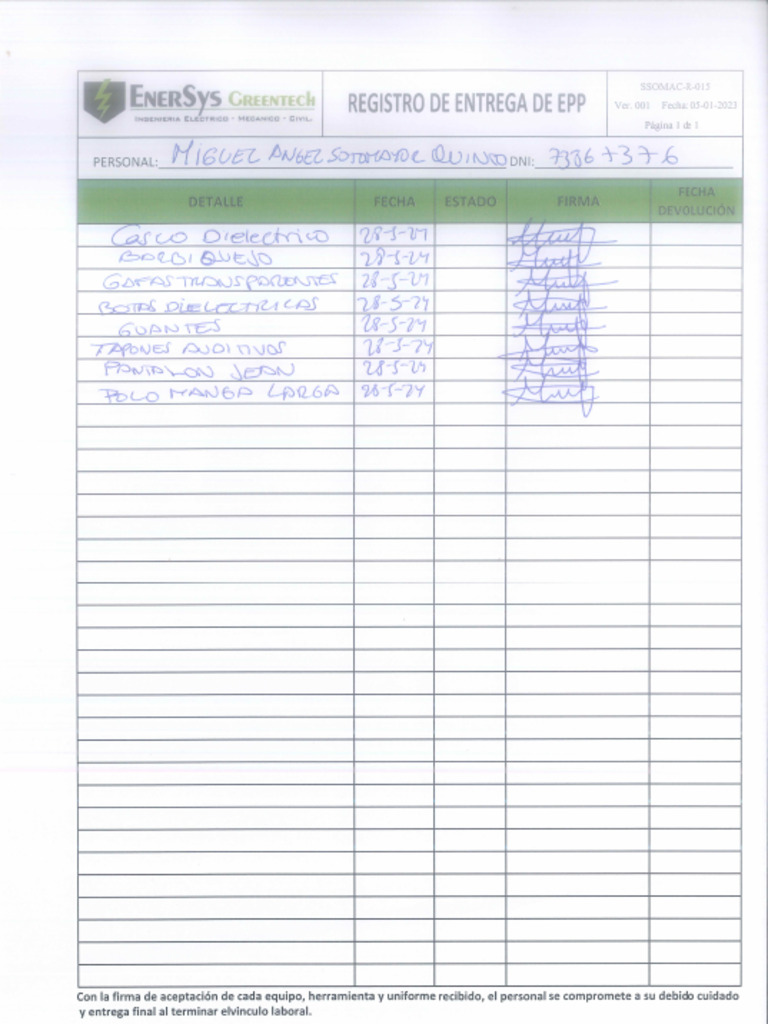 Registro de Entrega de EPP | PDF