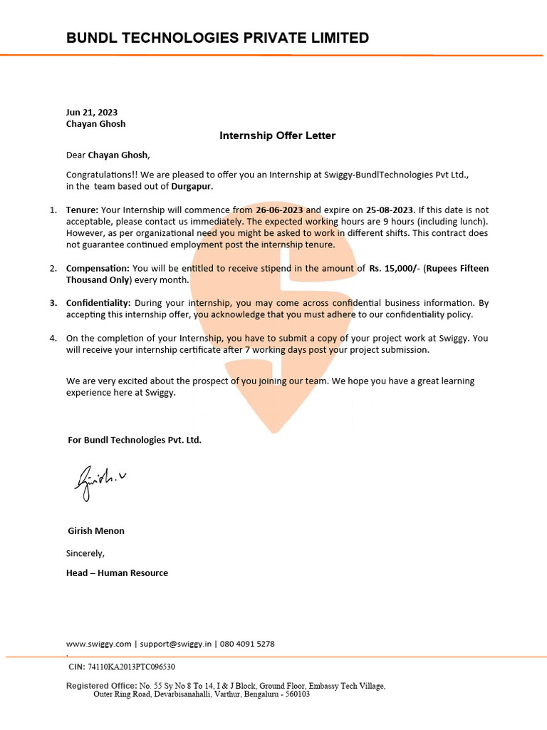 swiggy offer letter | PDF | Trade Secret | Patent