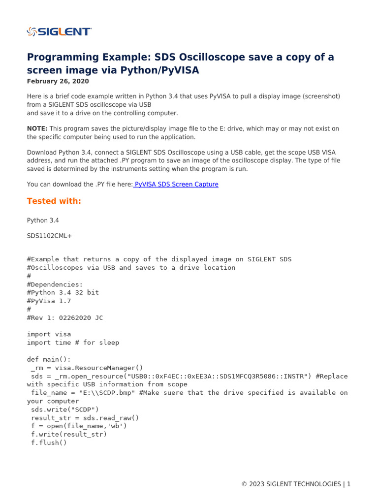 Programming Example Sds Oscilloscope Save A Copy Of A Screen Image Via Python Pyvisa Pdf 