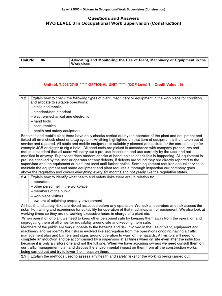 NVQ Level 3 OWS Questions SHEET | PDF | Occupational Safety And Health | Risk