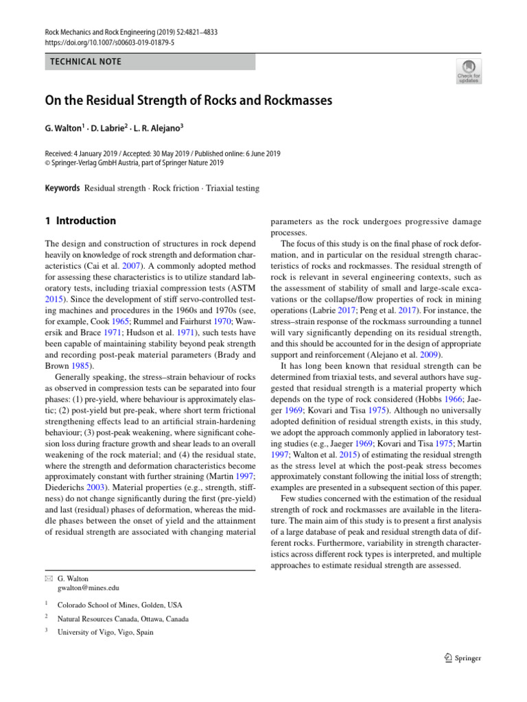 On the Residual Strength of Rocks and Rockmasses | PDF | Strength Of ...