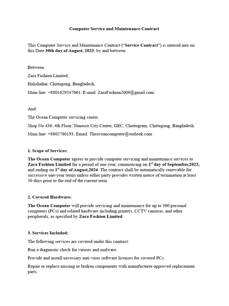 Computer Service and Maintenance Contract | PDF | Computer Hardware ...