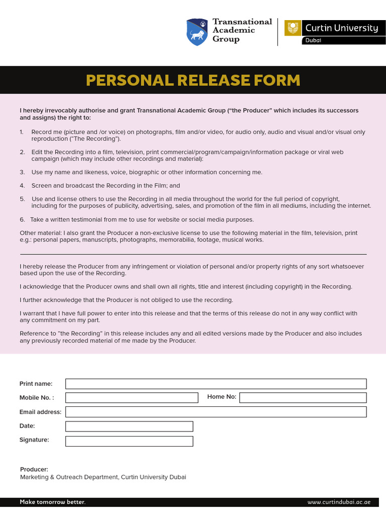 Curtin Dubai Personal Release Form 2024 (1) 3 | PDF