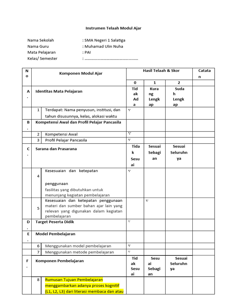 Instrumen Telaah Modul Ajar | PDF