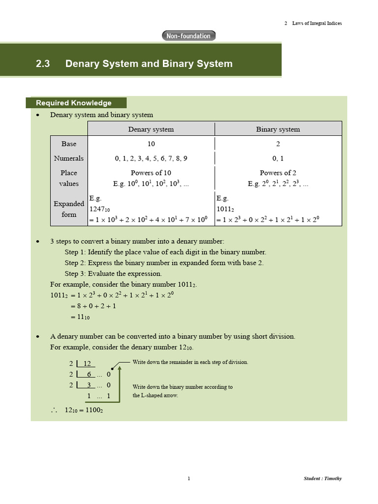 2.3 Denary System and Binary System | PDF | Decimal | Elementary ...