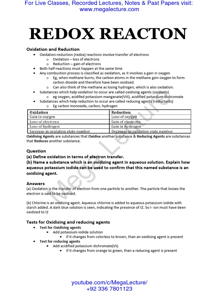 O Level REDOX REACTON | PDF | Redox | Chemical Reactions