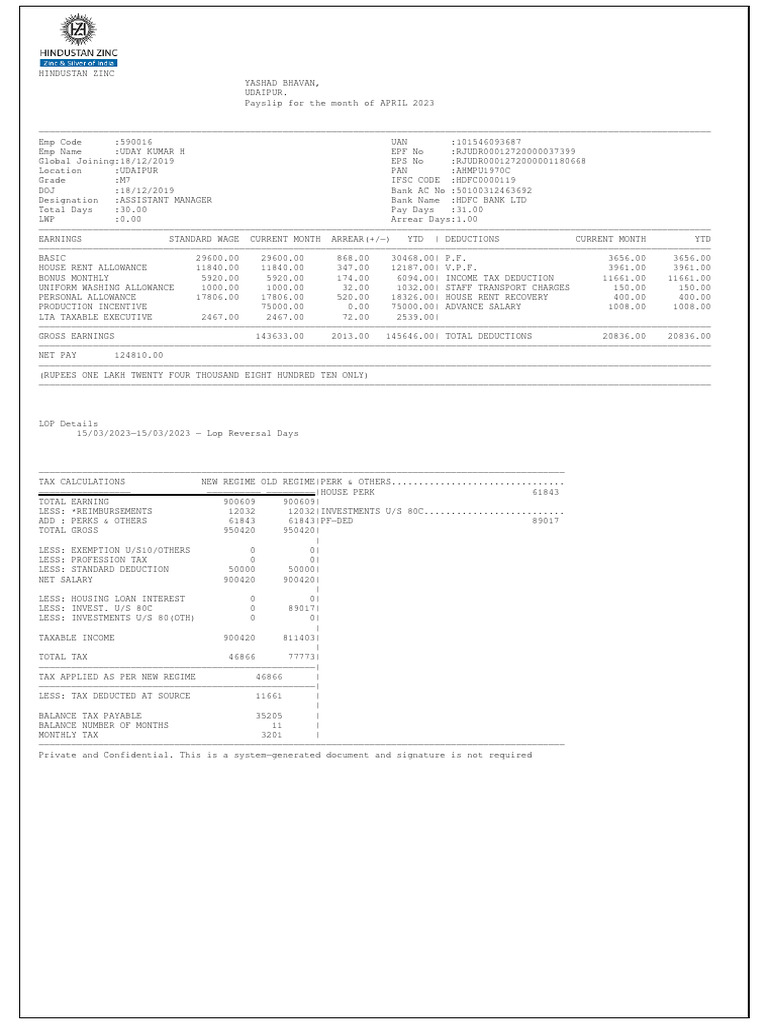 Payslip Apr 2023-1 | PDF | Tax Deduction | Employee Benefits