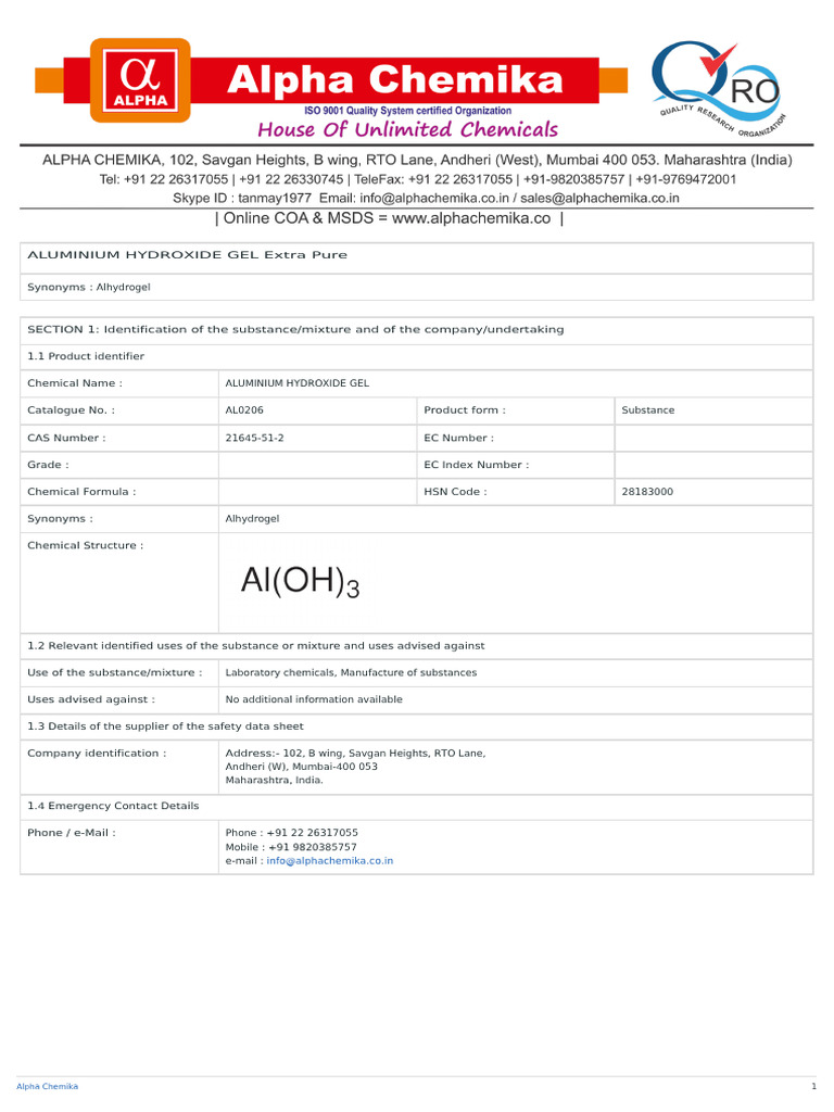 Lab Safety: Aluminium Hydroxide Gel | PDF | Dangerous Goods | Toxicity