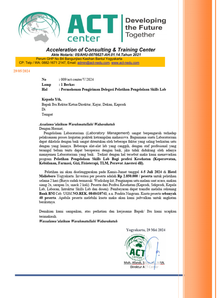 PERMOHONAN DELEGASI PELATIHAN PENGELOLAAN SKILLS LAB by ACT-Center 2024 | PDF