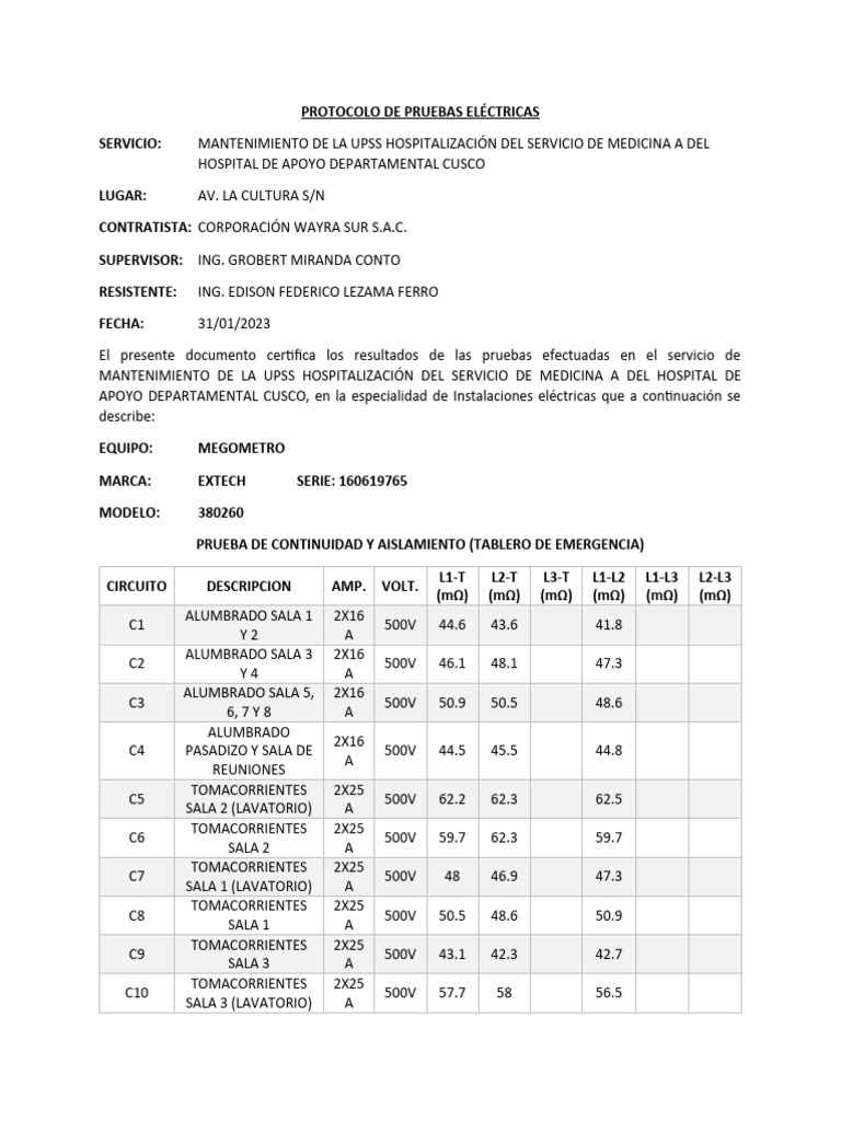 Protocolo de Pruebas Eléctricas | PDF