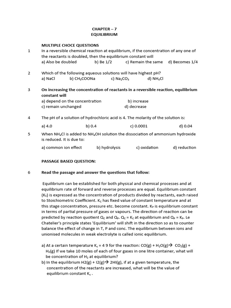 Assignment - Equilibrium, Redox Reactions | PDF | Chemical Equilibrium ...