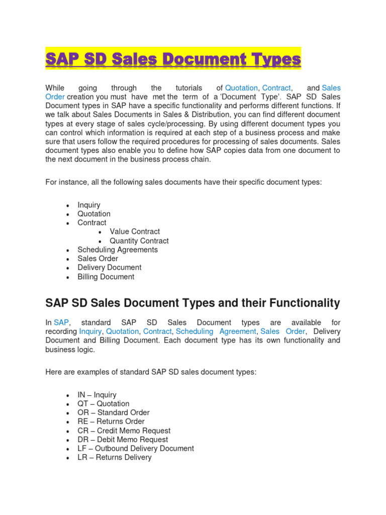 SAP SD Sales Document Types | PDF | Sales | Product (Business)