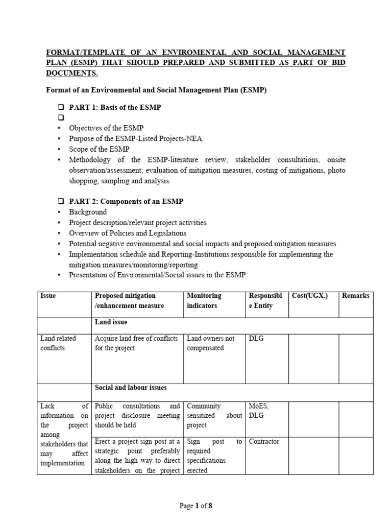 SBD Annex 2 - ESMP Contents and Requirements | PDF | Employment | Waste